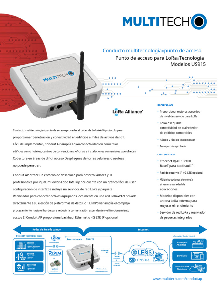 Ficha Tecnica Multitech Lora en Español | PDF | Red de computadoras | Internet de las Cosas