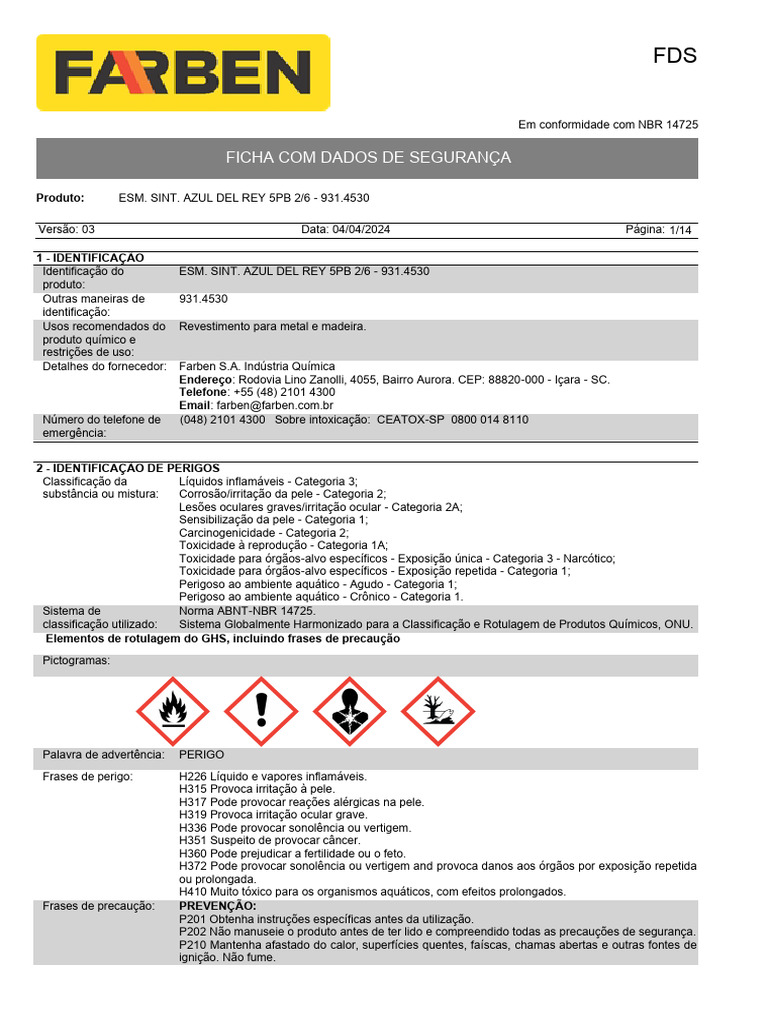 Ficha de Segurança ESM Sintético Azul 5PB | PDF | Reações químicas | Cloro