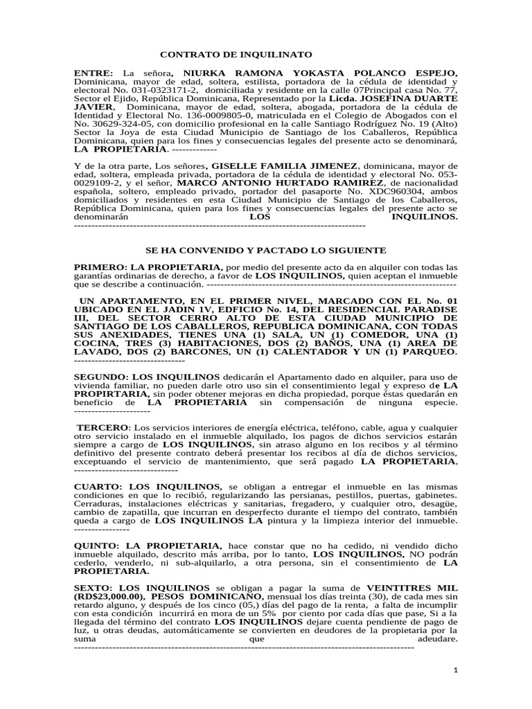Contrato de Alquiler en Santiago RD | PDF | República Dominicana | Ley ...
