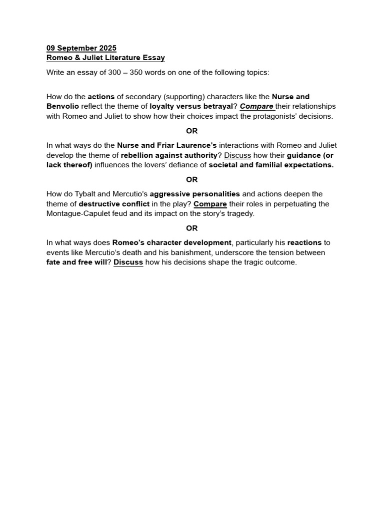 Romeo and Juliet Literature Essay Questions | PDF