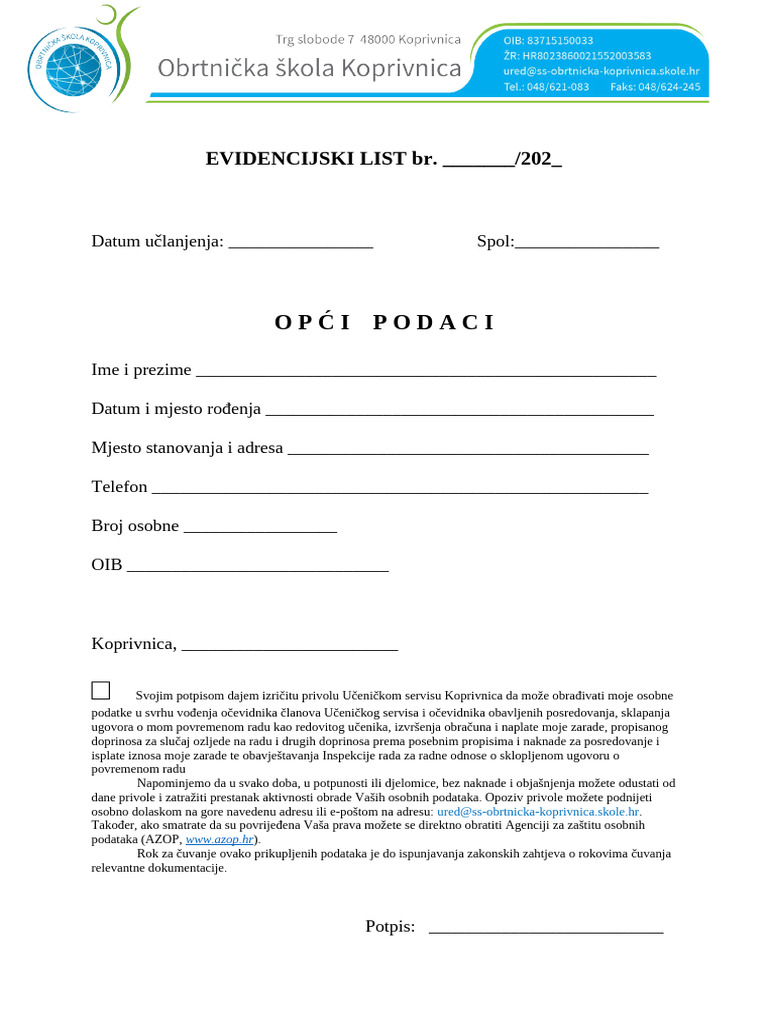 Evidencijski List Ucenika | PDF