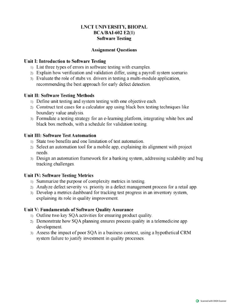 Software Testing Assignments BCA - BAI 602 | PDF