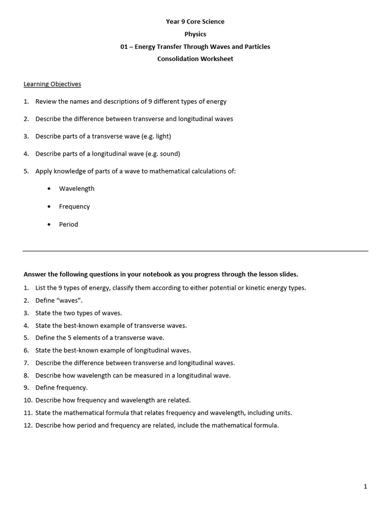 1 - Energy Transfer Through Waves and Particles (Consolidation WS) | PDF