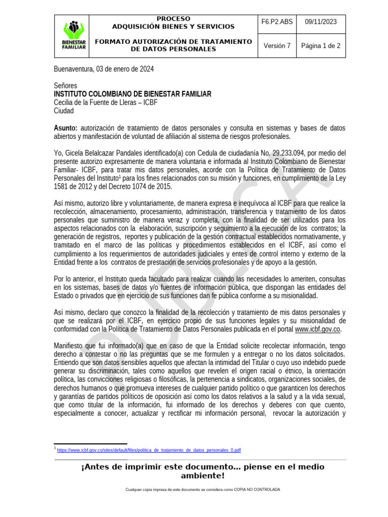 F6.p2.abs Formato Autorizacion de Tratamiento de Datos Personales Contratistas v7 | PDF