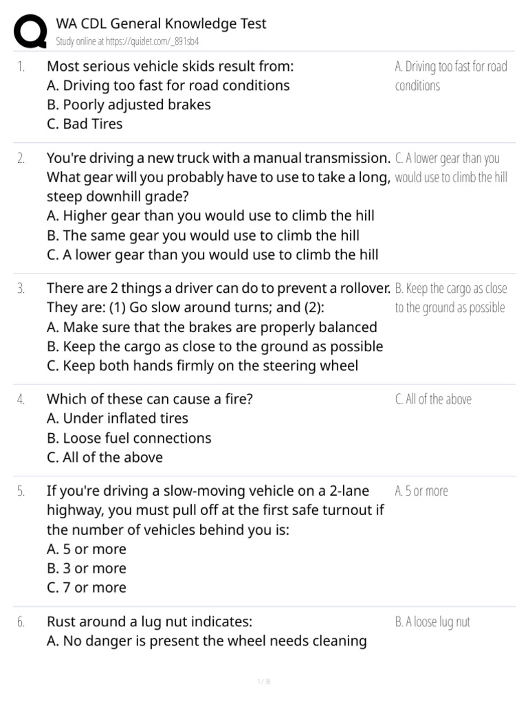 WA CDL General Knowledge Test | PDF | Brake | Truck