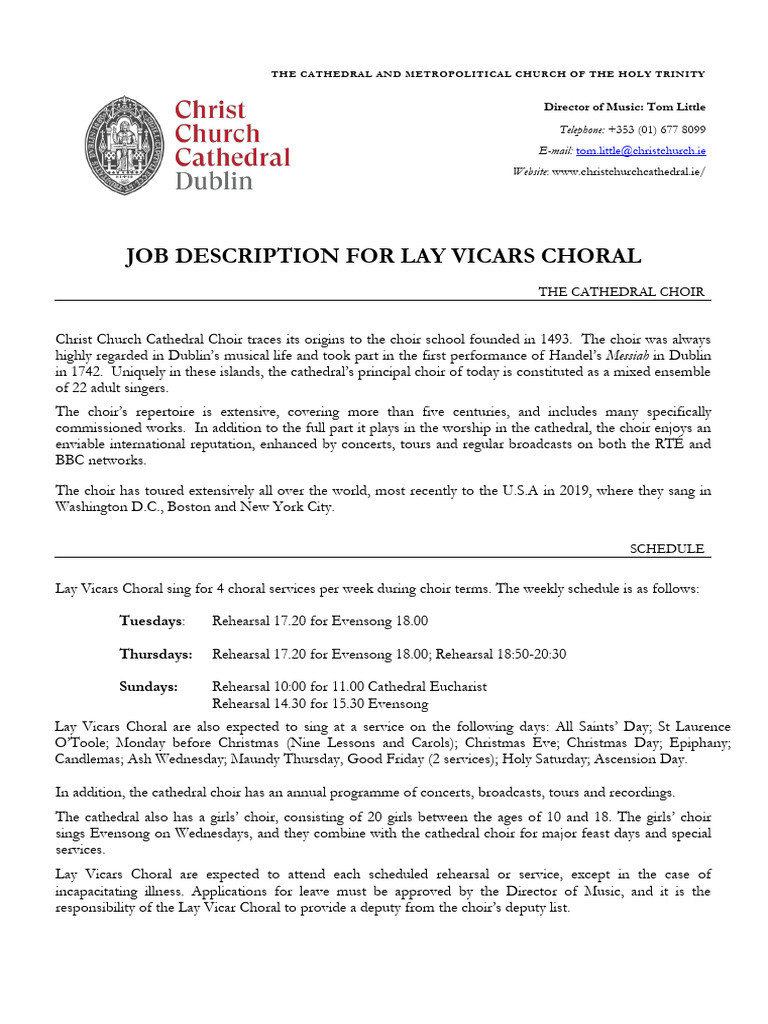Lay Vicar Job Description 2022 4 Services | PDF | Choir | Christian ...