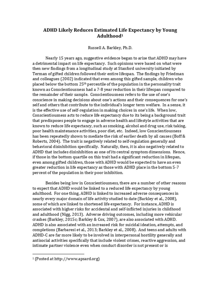 ADHD Likely Reduces Estimated Life Expectancy Barkley | PDF | Attention ...