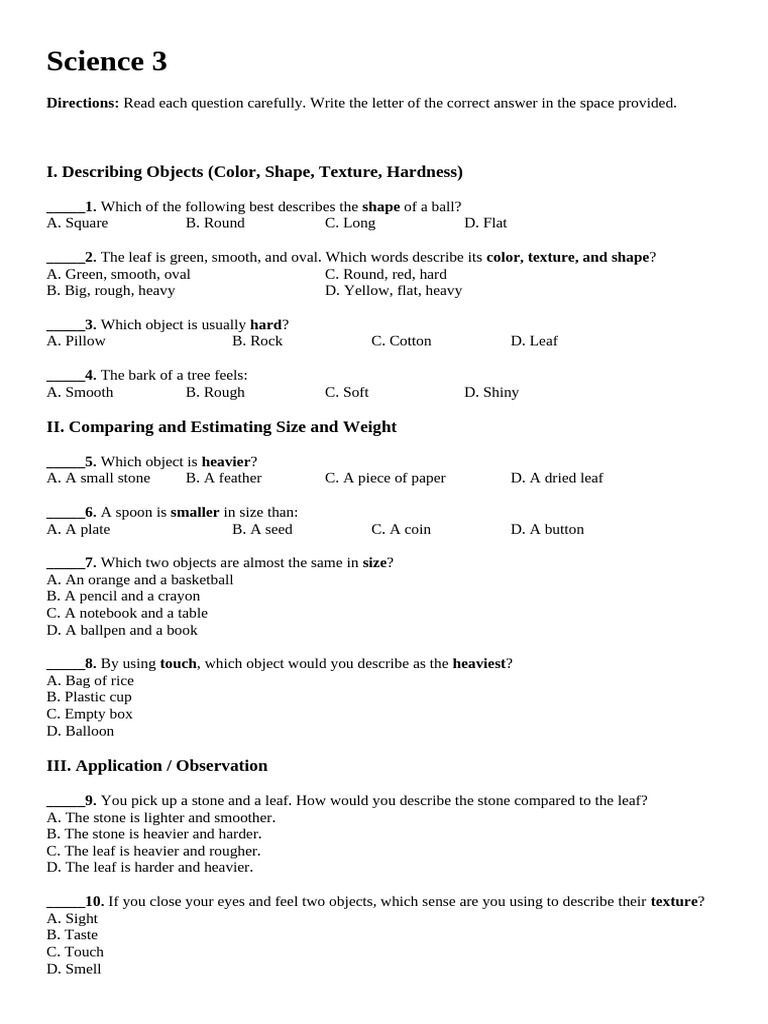 Science 3 Quiz: Objects and Plants | PDF | Plants | Earth
