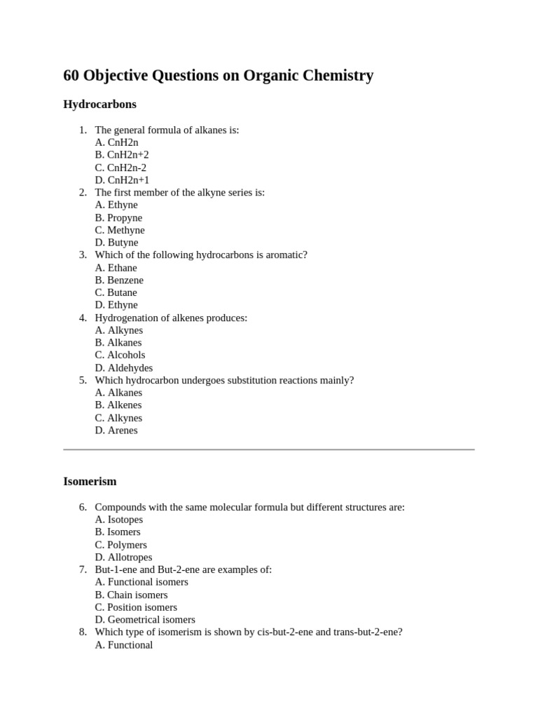 Organic Chemistry Quiz: 60 Questions | PDF | Carboxylic Acid | Alkene