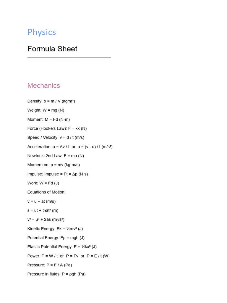 Comprehensive Physics Formula Sheet | PDF | Force | Gases
