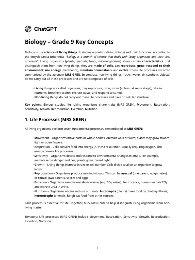 Grade 9 Biology Key Concepts Guide | PDF | Cell (Biology) | Virus
