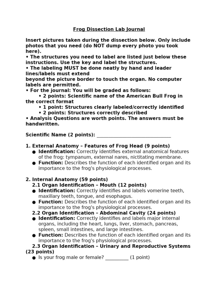 Frog Dissection Grading Rubric 2024 | PDF | Anatomy | Frog
