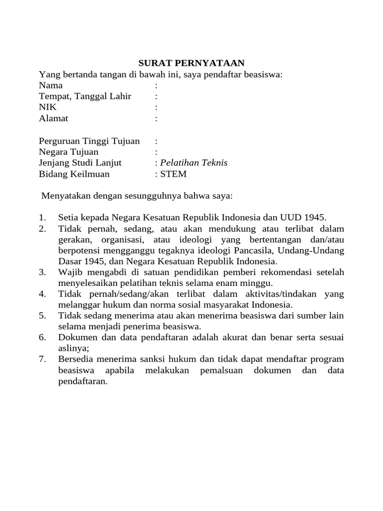Surat Pernyataan Pendaftar Beasiswa STEM | PDF
