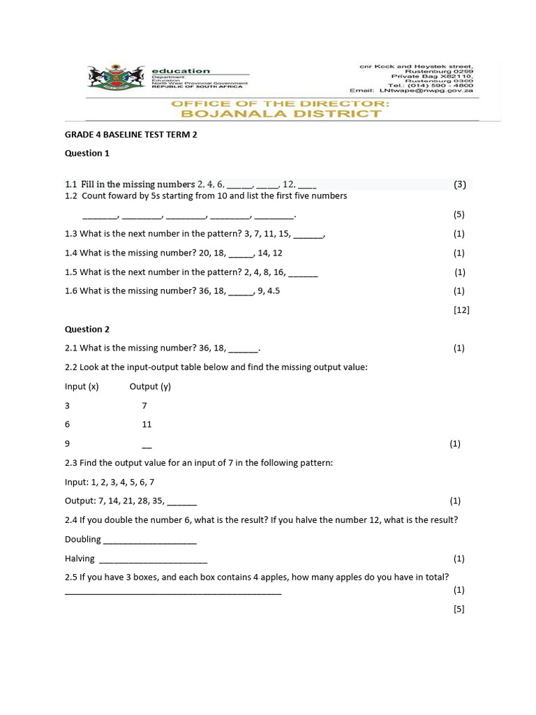 Term 2 Grade 4 Mathematics Baseline Assessment 2025-1 | PDF