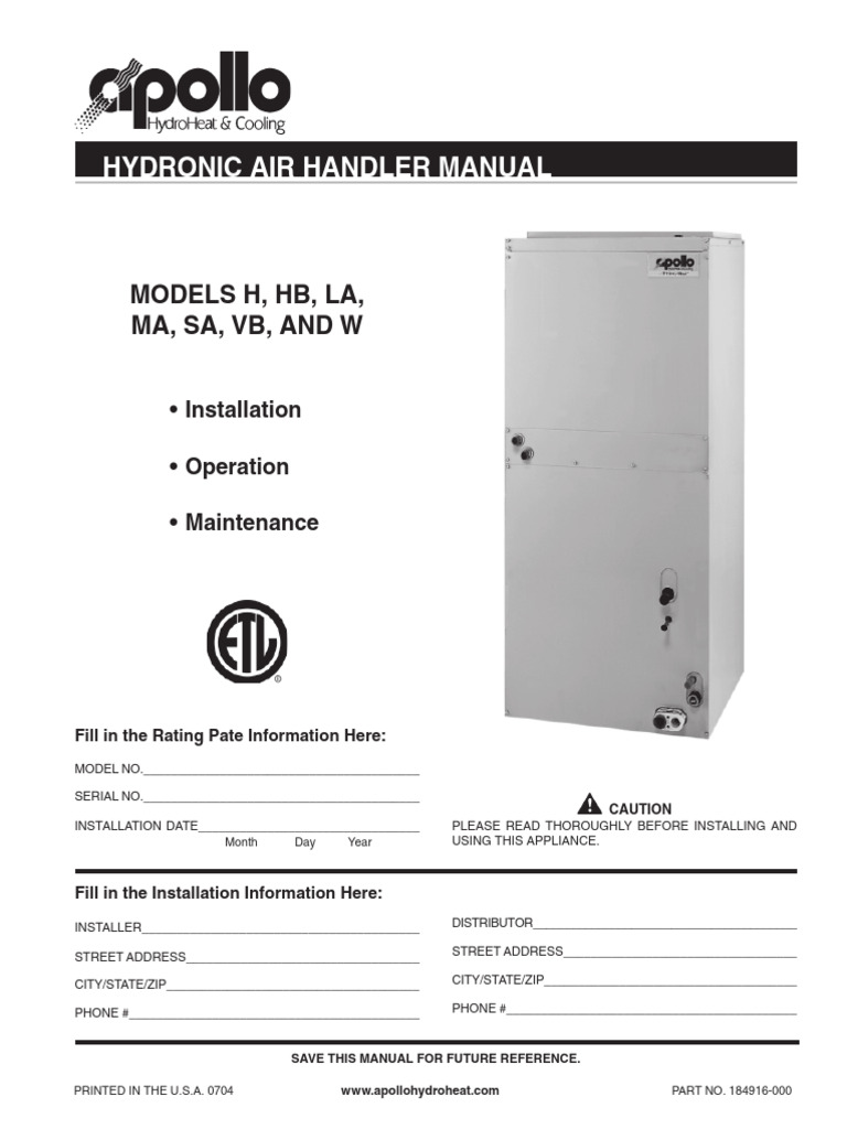 Hydronic Air Handler Installation Guide | PDF | Water Heating | Thermostat