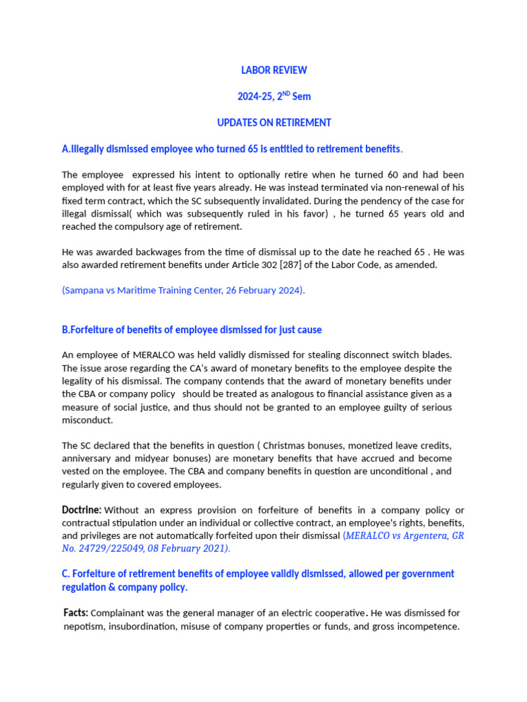Retirement Benefits and Labor Law Updates | PDF | Employment | Lawsuit