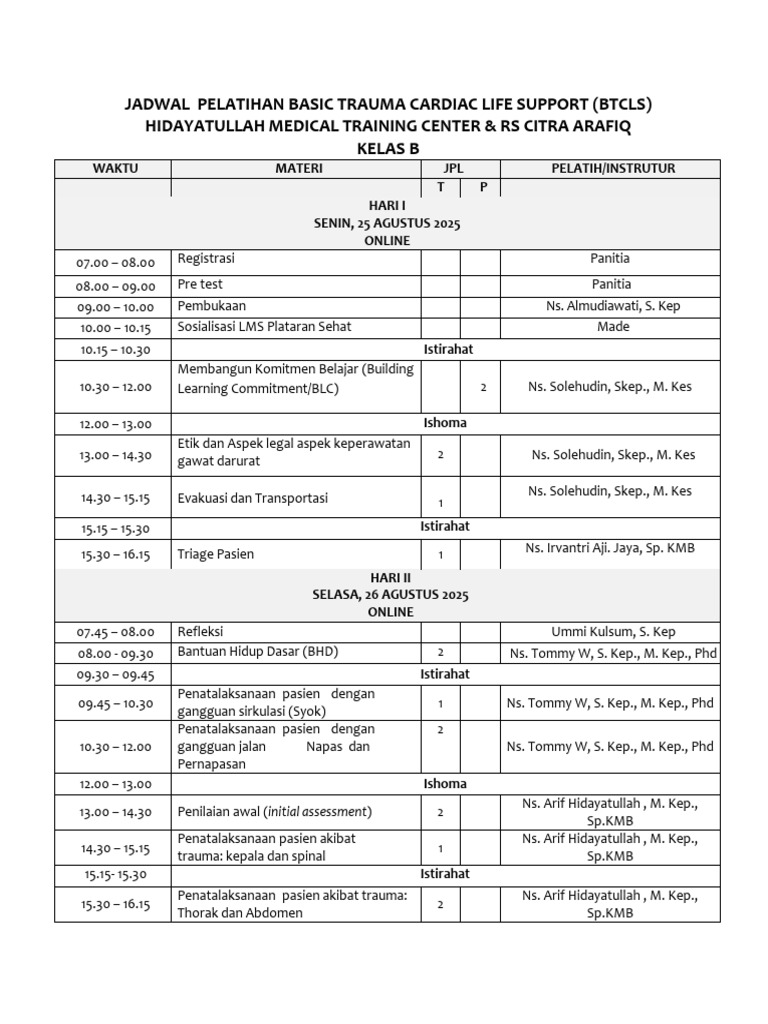 BTCLS Training Schedule 2025 | PDF