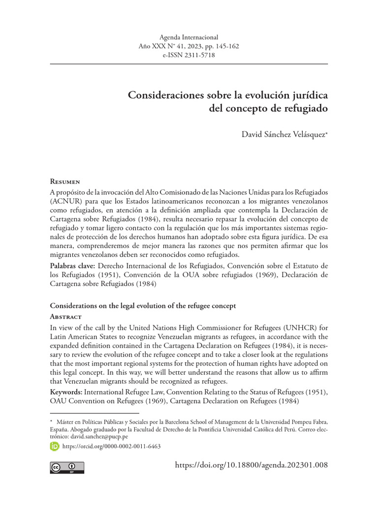 Consideraciones Sobre La Evolución Jurídica Del Concepto de Refugiado | PDF | Refugiado | Alto ...