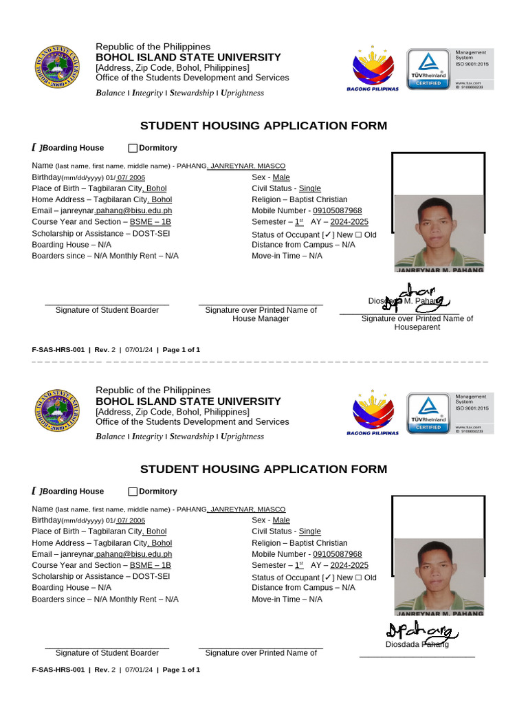 Bohol State University Housing Application | PDF