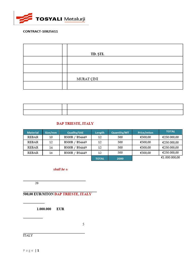 Tosyali Li̇der Grup Akros Çi̇mento 10825611 2000 MT Fob Rebar | PDF ...