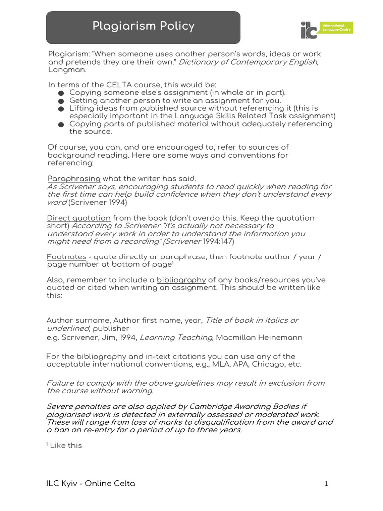 CELTA Plagiarism Policy Guidelines | PDF