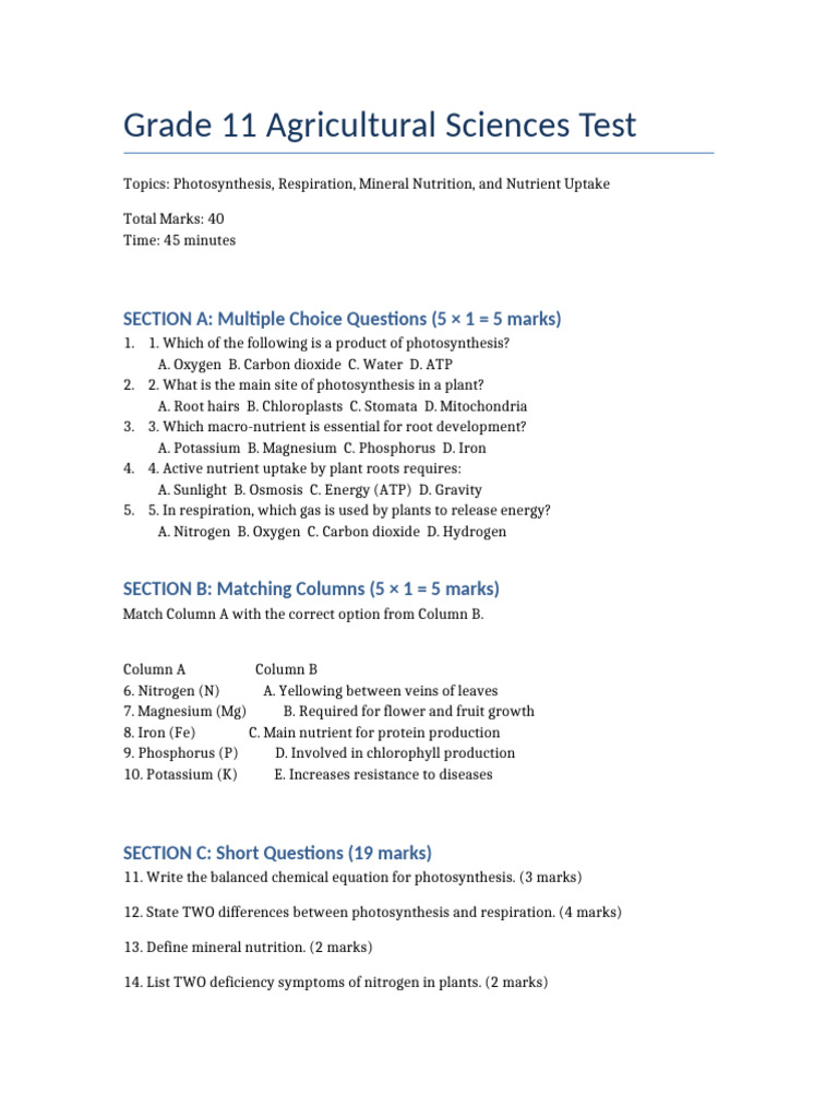 Grade 11 Agricultural Sciences Test Guide | PDF | Photosynthesis ...
