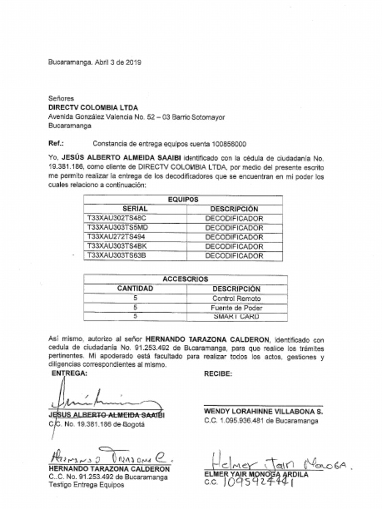 Entrega de Equipos Directv | PDF