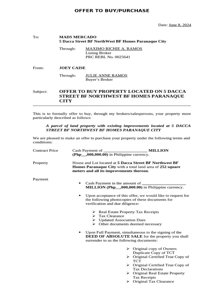 Offer to Purchase Property in Paranaque | PDF | Taxes | Receipt