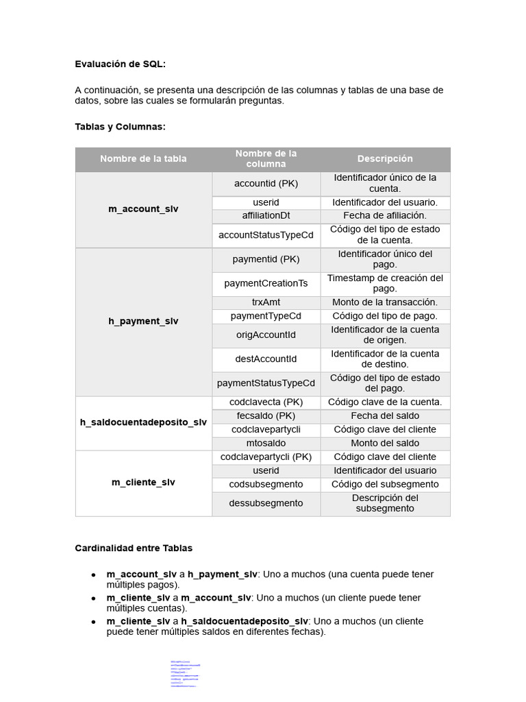 Evaluación de SQL - Tabla y Cardinales | PDF | Gestión de datos | Bases de datos