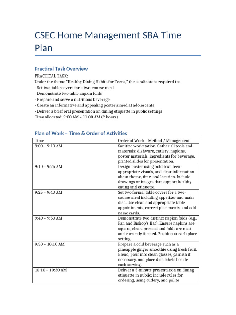 CSEC Home Management TimePlan Detailed | PDF | Tableware | Foods