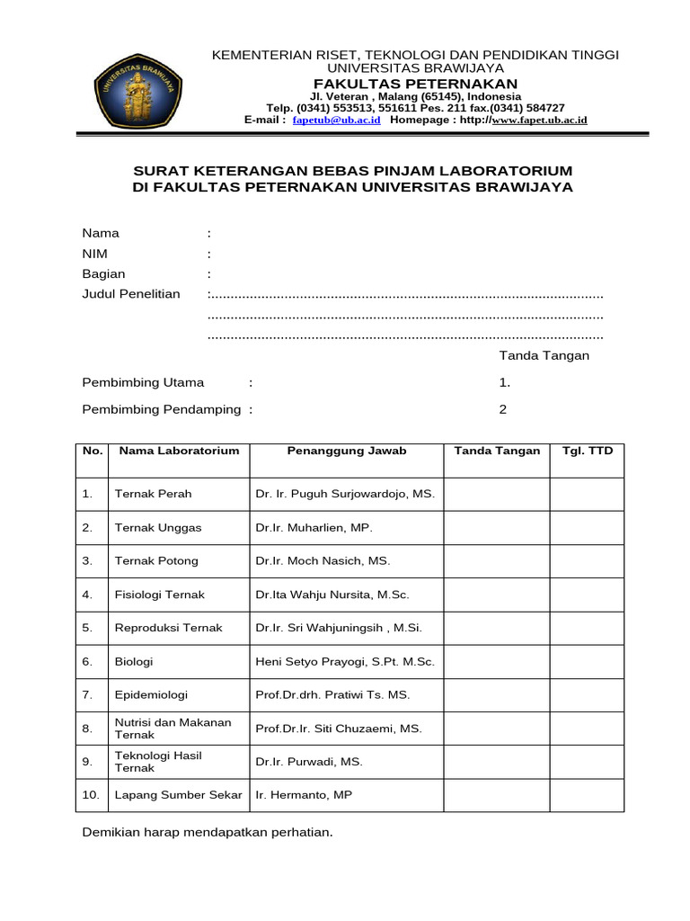Surat Bebas Pinjam Laboratorium Fapet UB | PDF