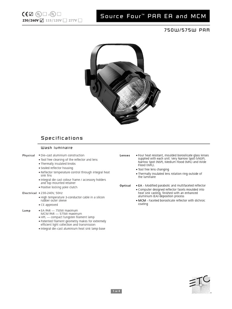 Source Four PAR EA & MCM Specifications | PDF | Mirror | Light