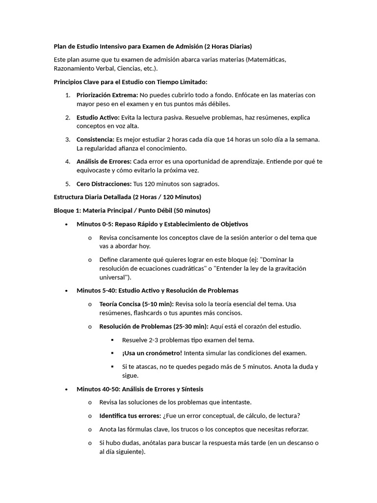 Plan de Estudio Intensivo para Examen de Admisión | PDF