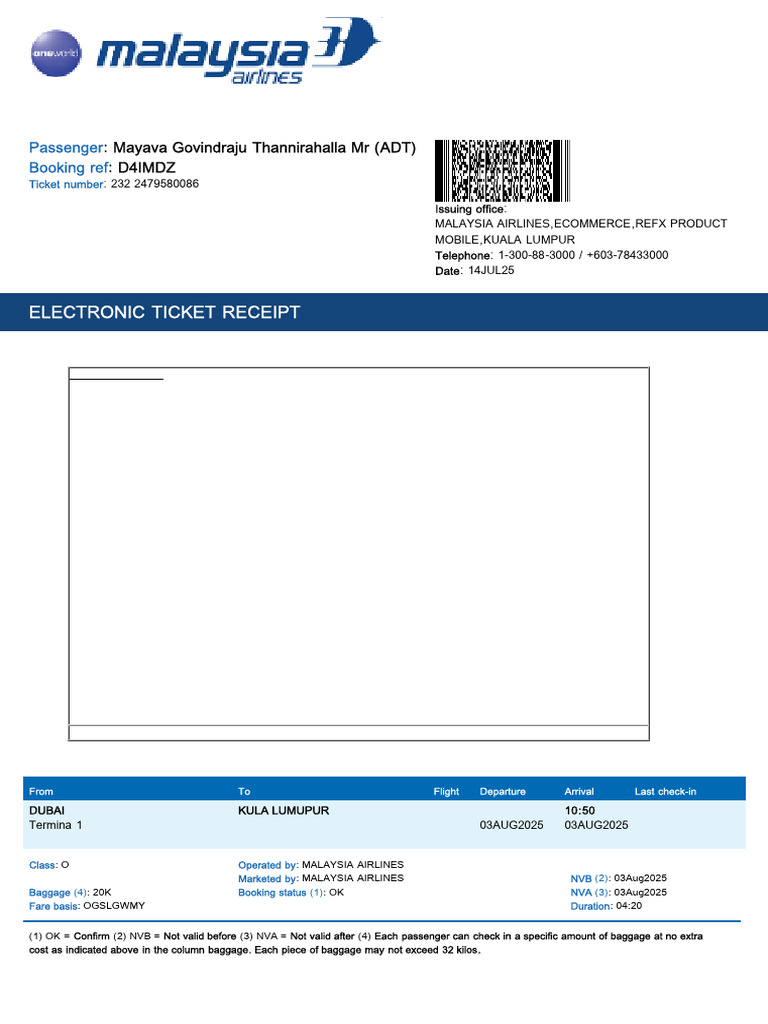 Malaysia Airlines Electronic Ticket Receipt | PDF | Business Class ...