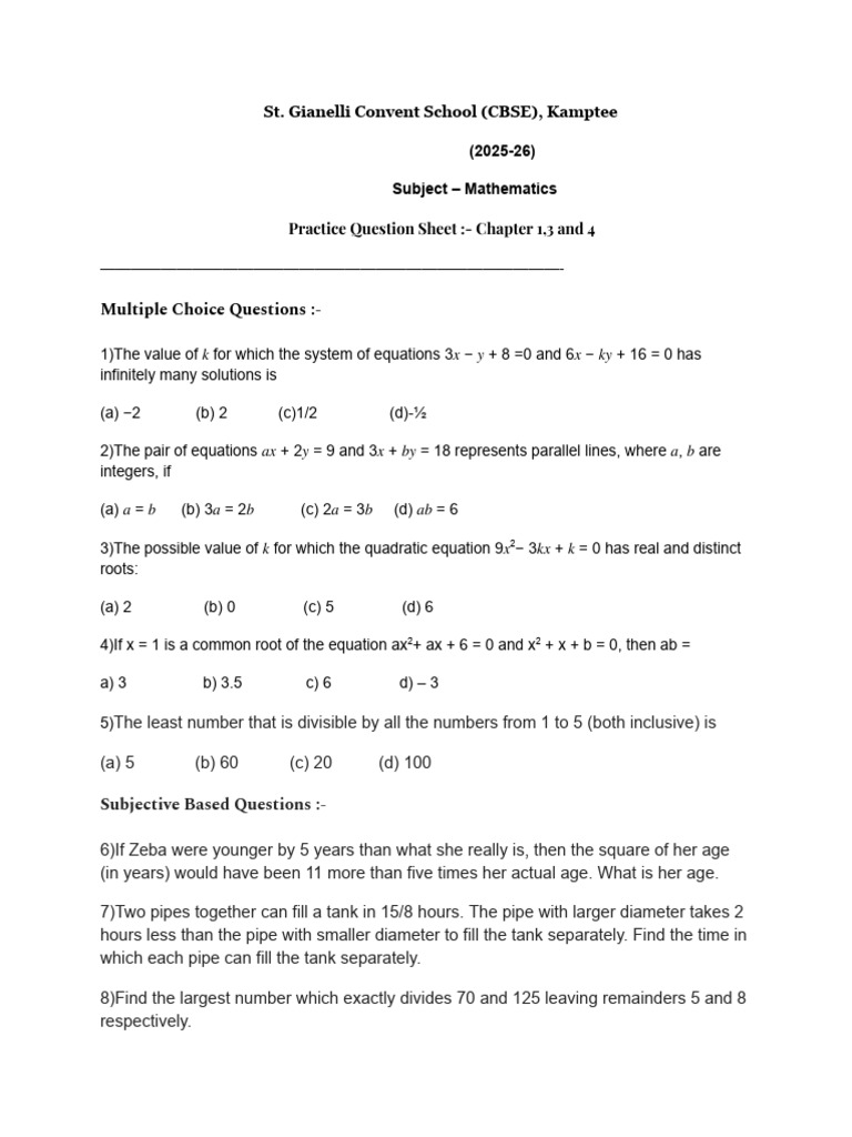Swapnil Sir (Practice Sheet (Chapter 1,3 & 4) ) | PDF | Equations | Numbers