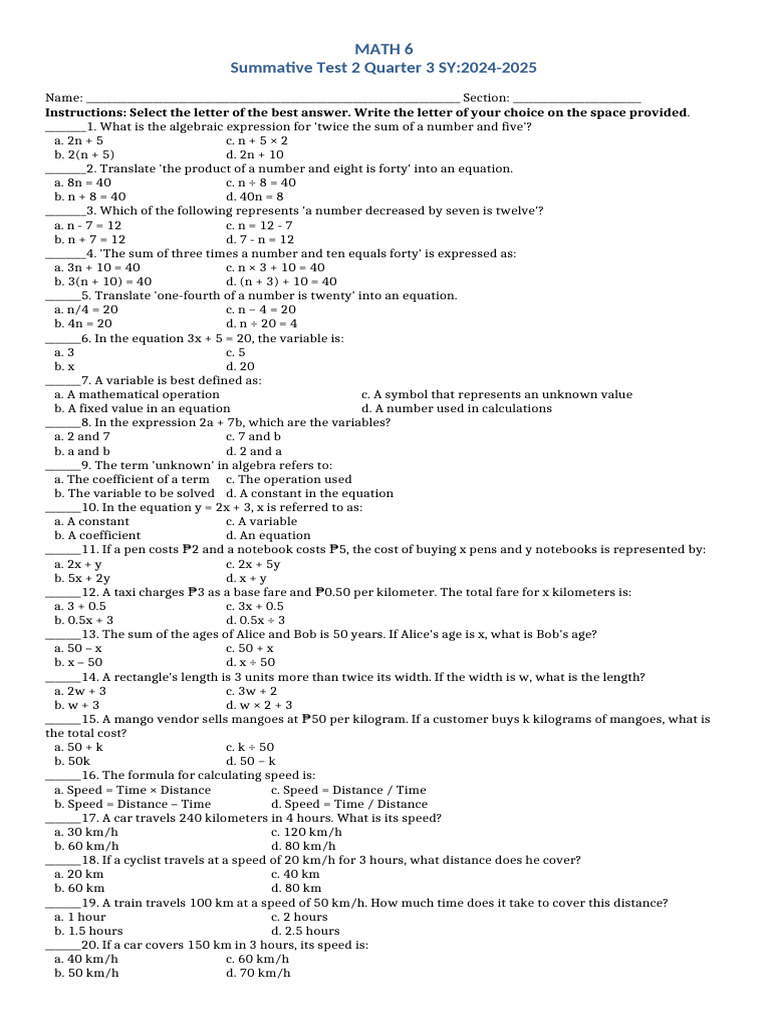 Math 6 Summative Test: Algebra Concepts | PDF | Variable (Mathematics ...