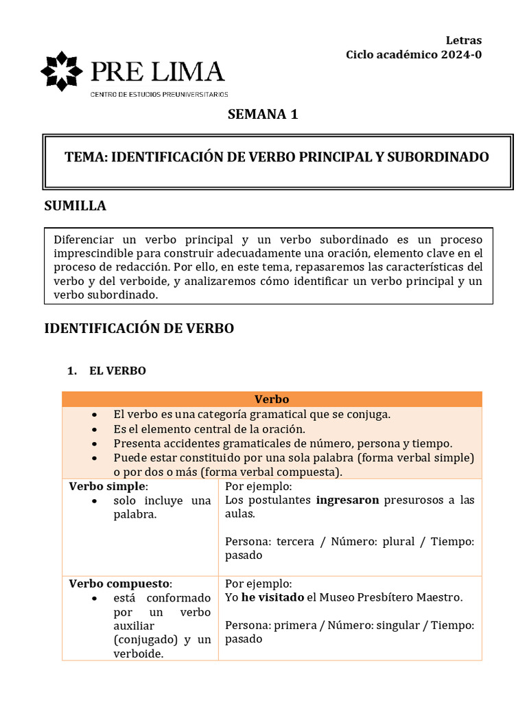 VERBO PRINCIPAL Y SUBORDINADO - Teoria | PDF | Verbo | Morfología