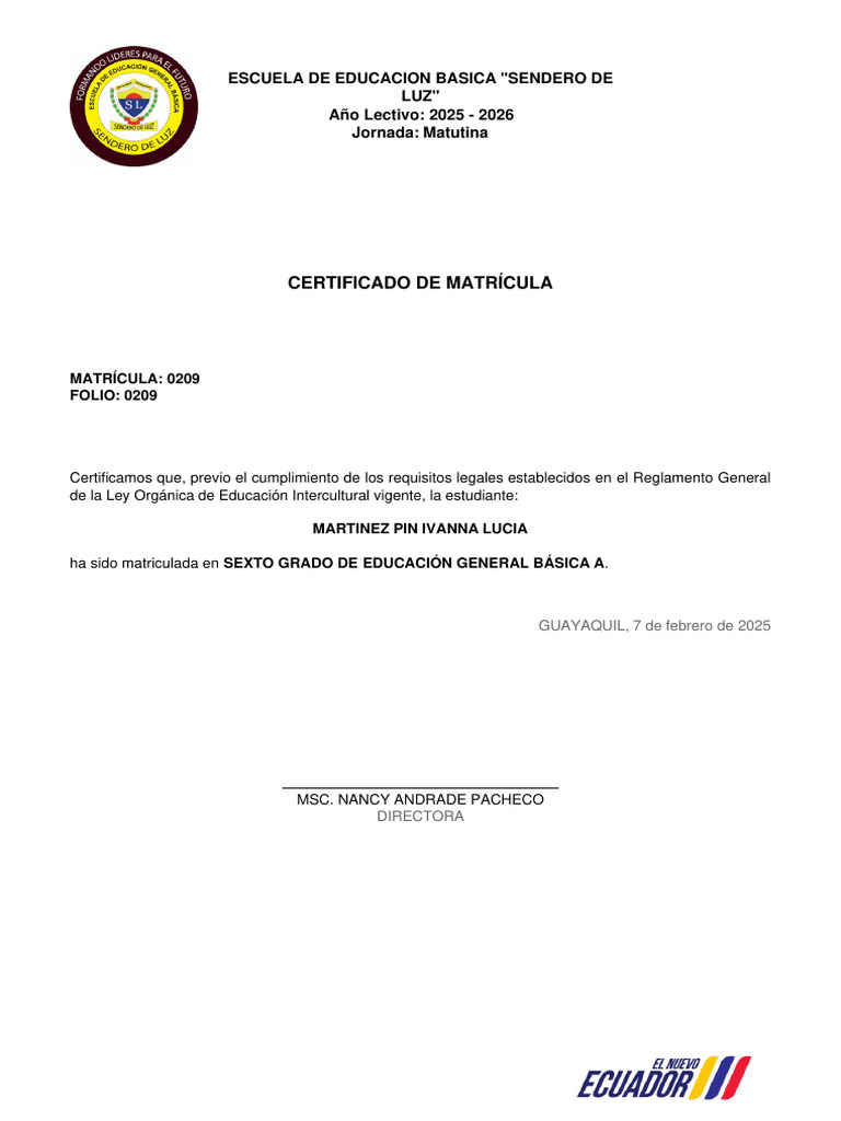 Certificado de Matricula 2025-2026 MARTINEZ PIN IVANNA LUCIA | PDF