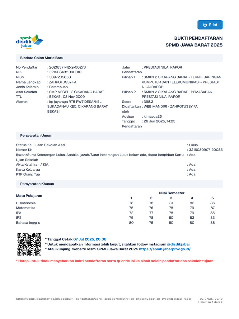 Bukti Pendaftaran SPMB Jabar 2025 | PDF