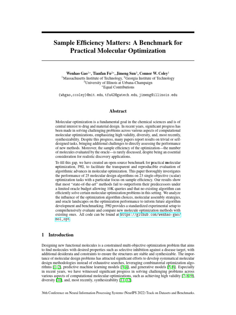 Sample Efficiency Matters- A Benchmark for Practical Molecular Optimization | PDF | Algorithms ...
