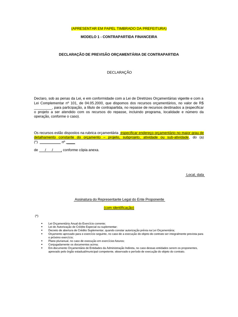Declaração de Contrapartida Orçamentária | PDF | Orçamento ...