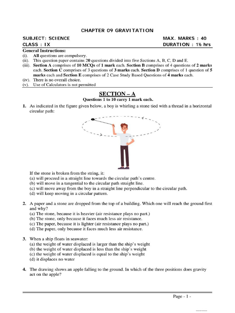 Science Class Ix Chapter 09 Gravitation Practice Paper 07 2024 | PDF