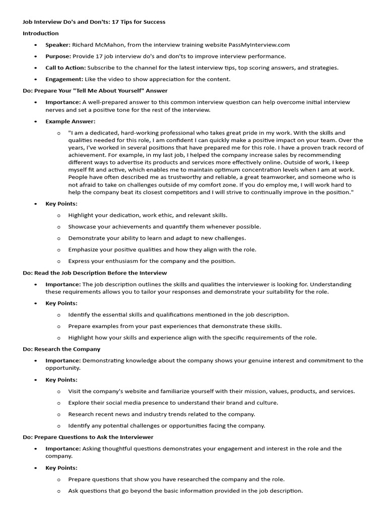 Do's and Don'Ts in A Job Interview | PDF | Job Interview | Skill