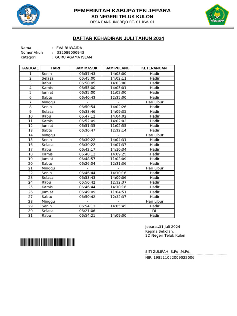 Absensi Siaga Bu Eva Juli 2024 | PDF