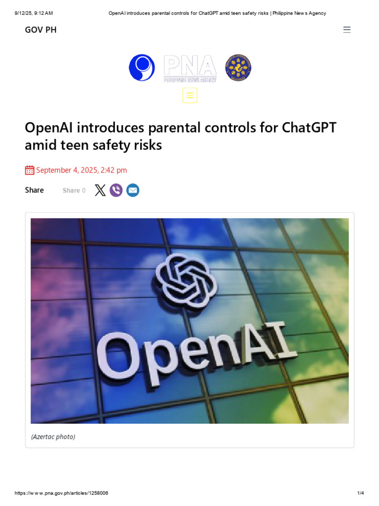 OpenAI Introduces Parental Controls For ChatGPT Amid Teen Safety Risks - Philippine News Agency ...