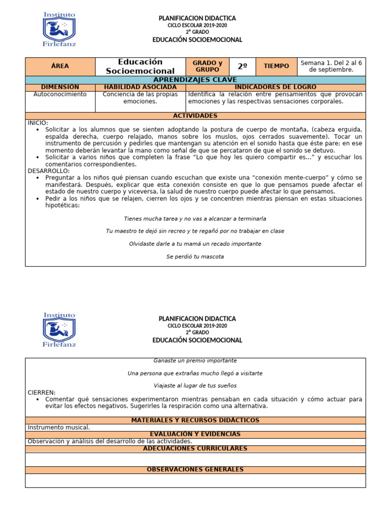 Planificación Didáctica 2º Grado Socioemocional | PDF | Las emociones ...