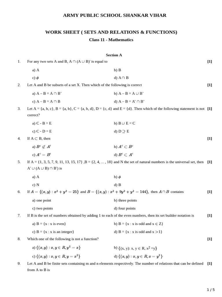 Class 11 Math Worksheet: Sets & Functions | PDF | Function (Mathematics ...
