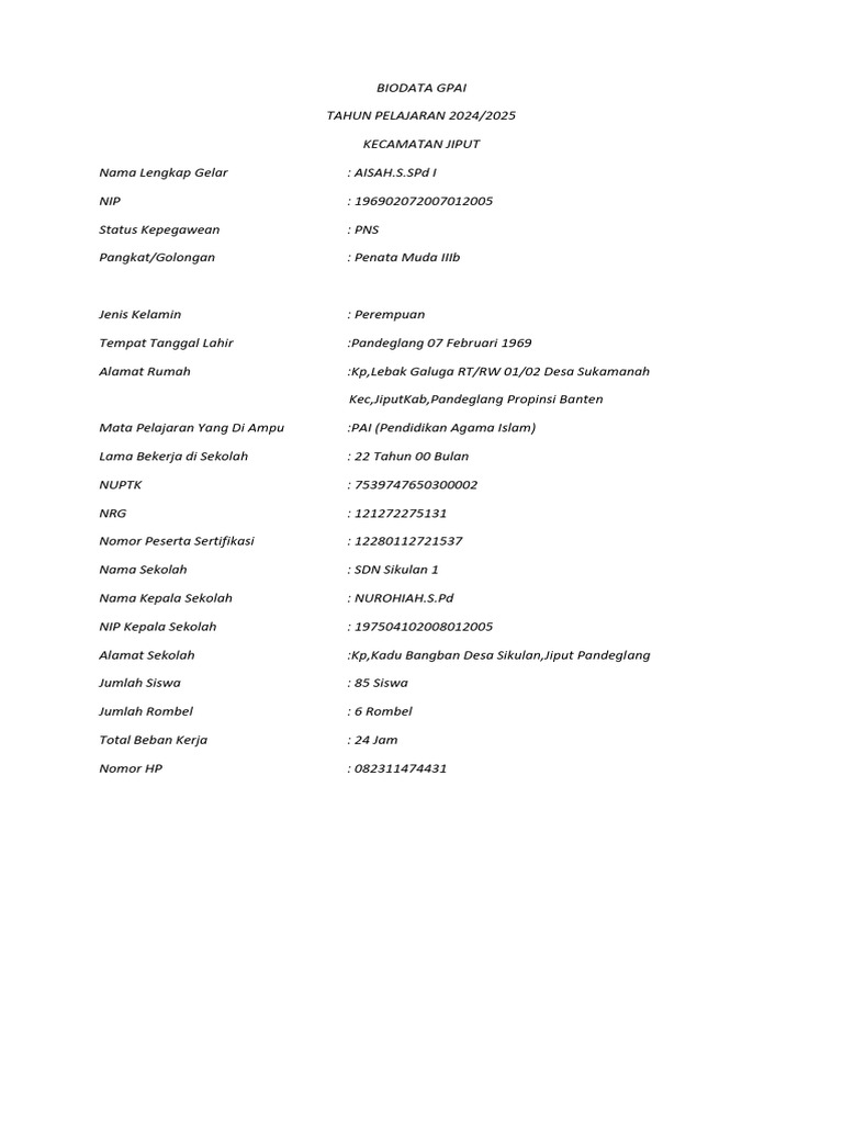 Biodata Gpai Rodiah 2025 | PDF