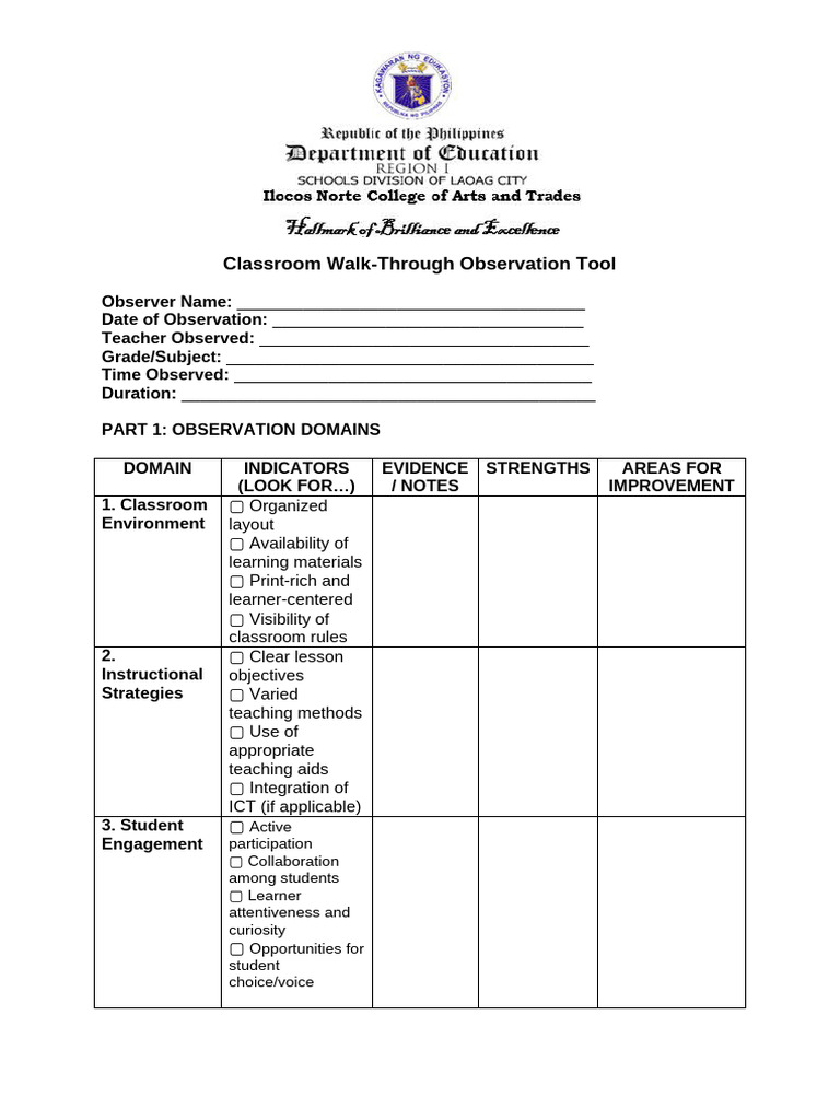 Classroom Observation Walkthrough Tool | PDF