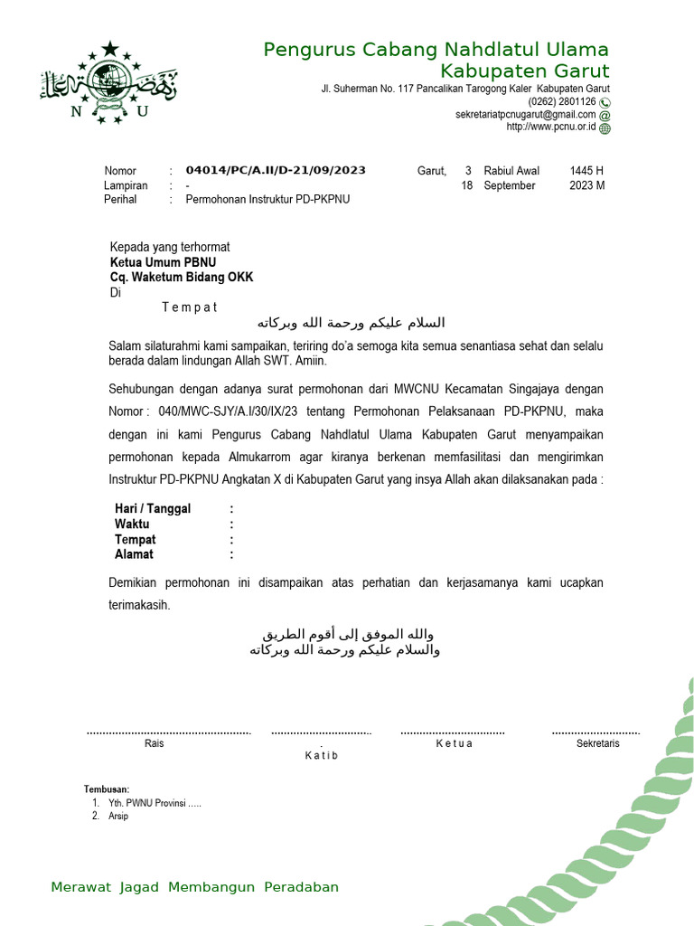 Format Surat Permohonan Instruktur PD-PKPNU (PBNU Cq. Waketum Bidang ...